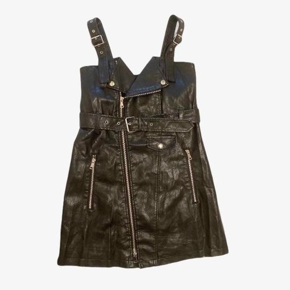 Dresses | Black Faux Leather Biker Mini Pinafore Dress | Poshmark